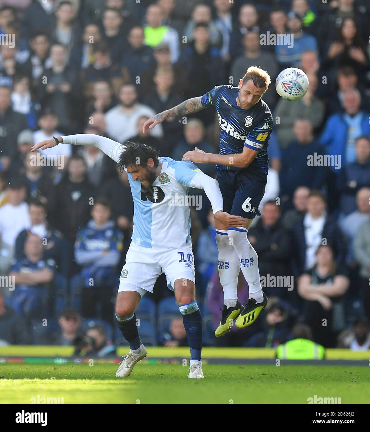 Leeds United's Liam Cooper out jumps Blackburn Rovers' Danny Graham ... Leeds United's Liam Cooper out jumps Blackburn Rovers' Danny Graham ...