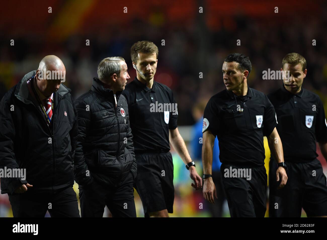 Charlton Athletic manager Lee Bowyer has words with referee Dean ...