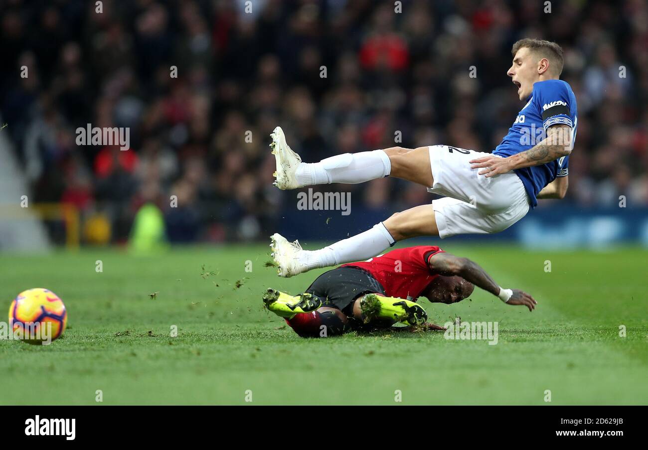 Manchester United's Ashley Young (left) and Everton's Lucas Digne (right) battle for the ball ...