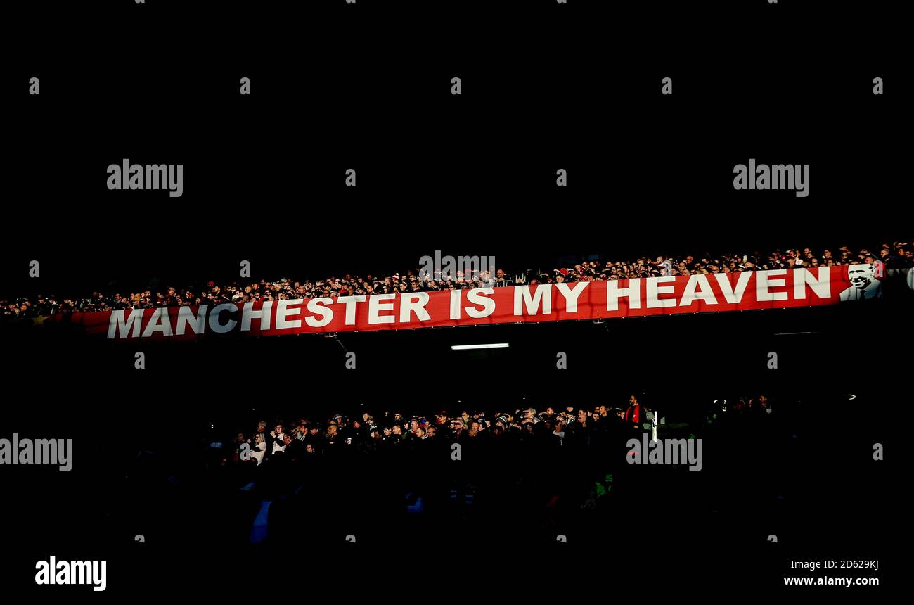 General view of signage at Old Trafford reading Manchester is my Heaven ...
