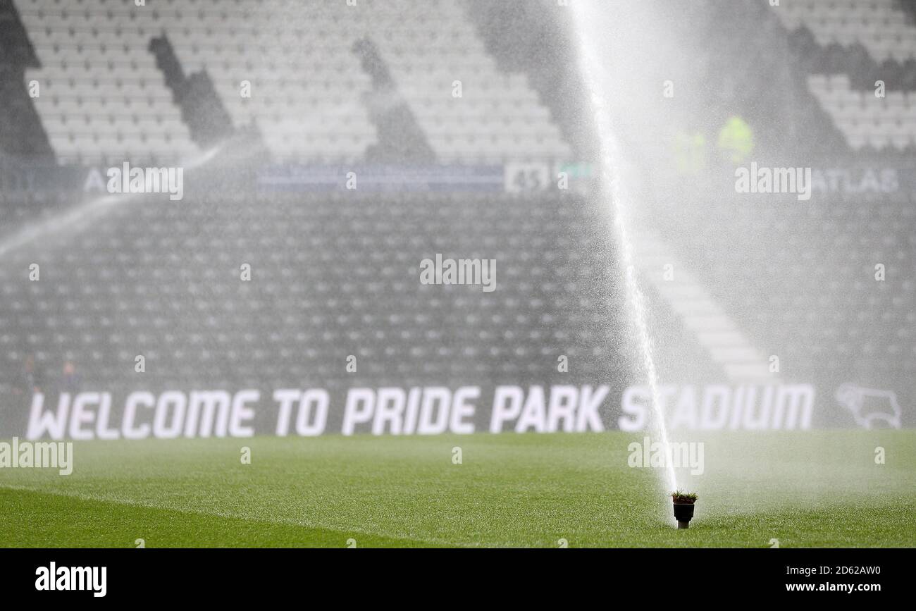 The sprinklers water the pitch before Derby County's and Birmingham ...
