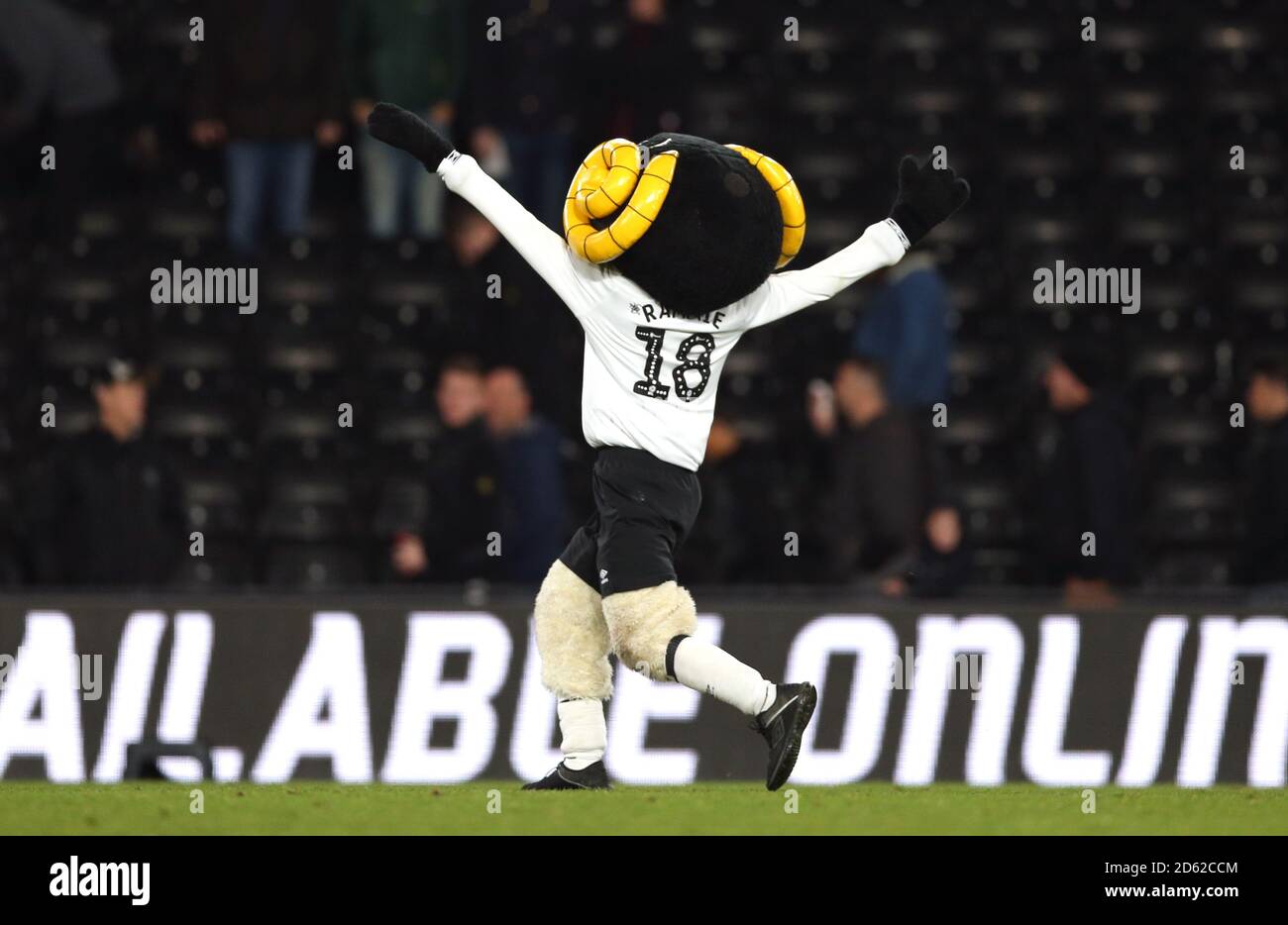 Derby County mascot Rammie The Ram celebrates after the final whistle ...