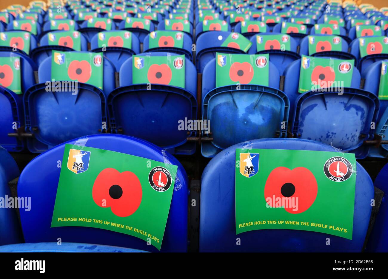 Remembrance Poppy signs in the stands at the One Call Stadium Stock ...
