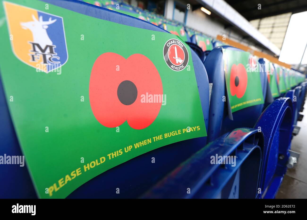 Remembrance Poppy signs in the stands at the One Call Stadium Stock ...