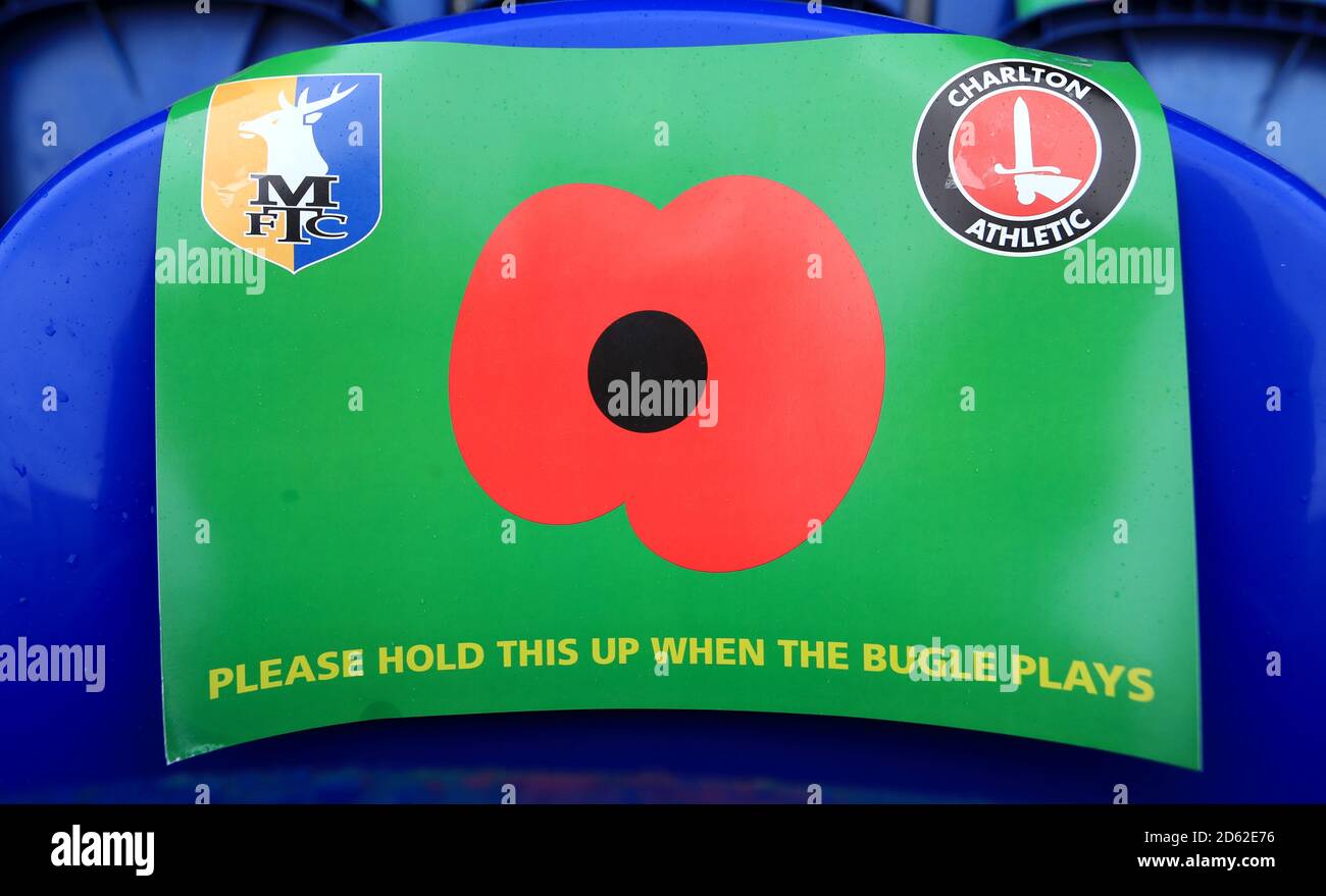Remembrance Poppy signs in the stands at the One Call Stadium Stock ...