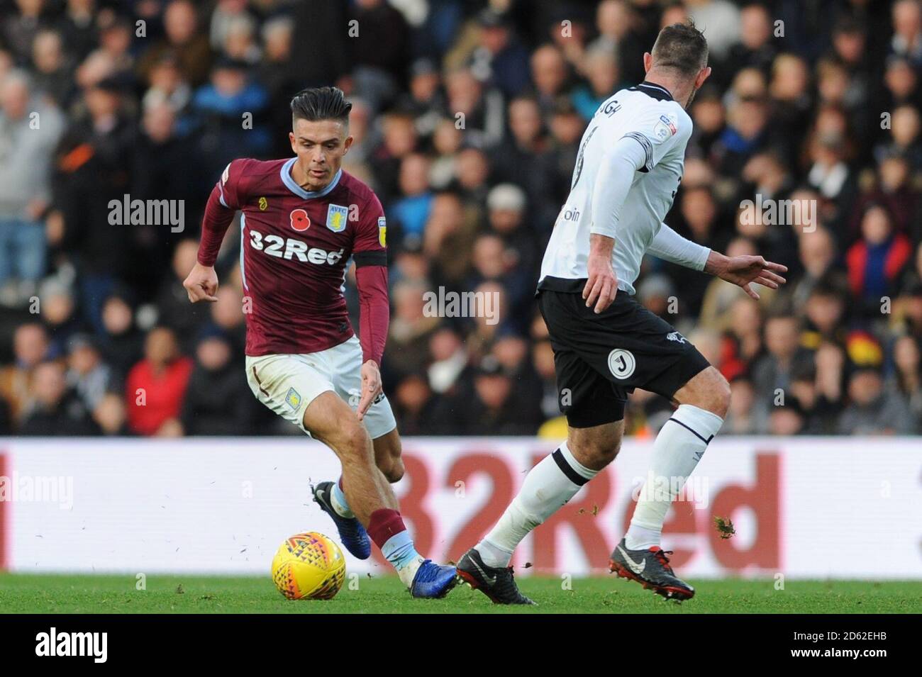 Aston Villa's Jack Grealish (left) and Derby County's Richard Keogh ...
