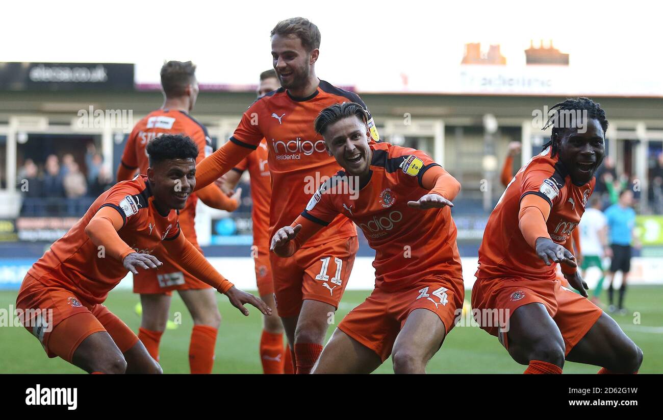 Luton towns harry cornick centre right celebrates hi-res stock ...