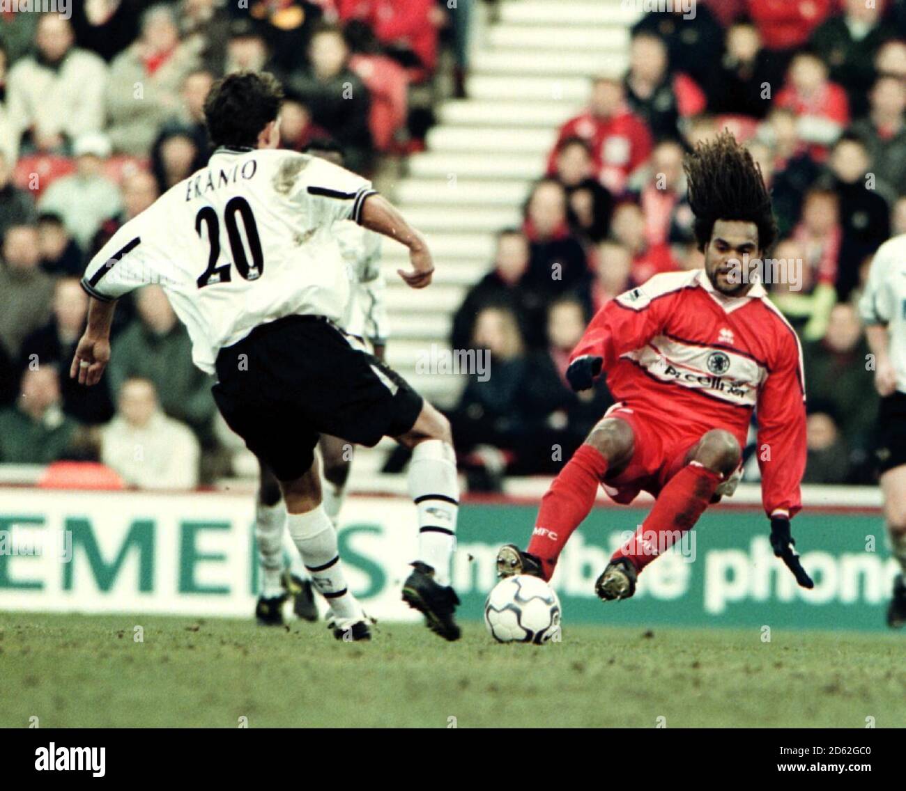 Middlesbrough's Christian Karembeu goes in with two feet on Derby ...