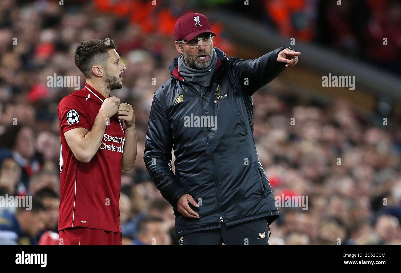 Liverpool's Adam Lallana speaks to Liverpool manager Jurgen Klopp Stock ...