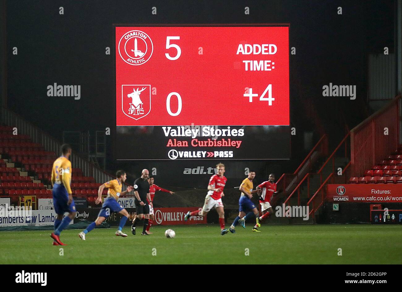 A general view of the score on the big sceen at The Valley Stock Photo ...