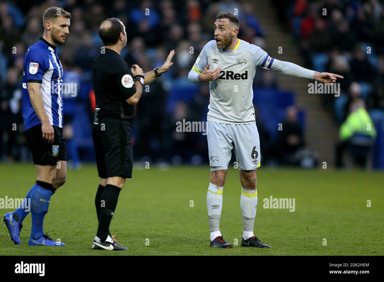 Derby County's Richard Keogh has words with Referee Jeremy Simpson ...
