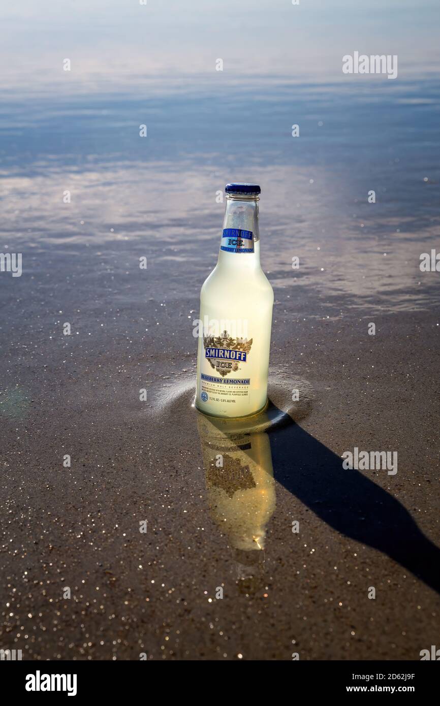 Old Orchard Beach, USA - 3rd September 2014: Glass bottle of Smirnoff ...