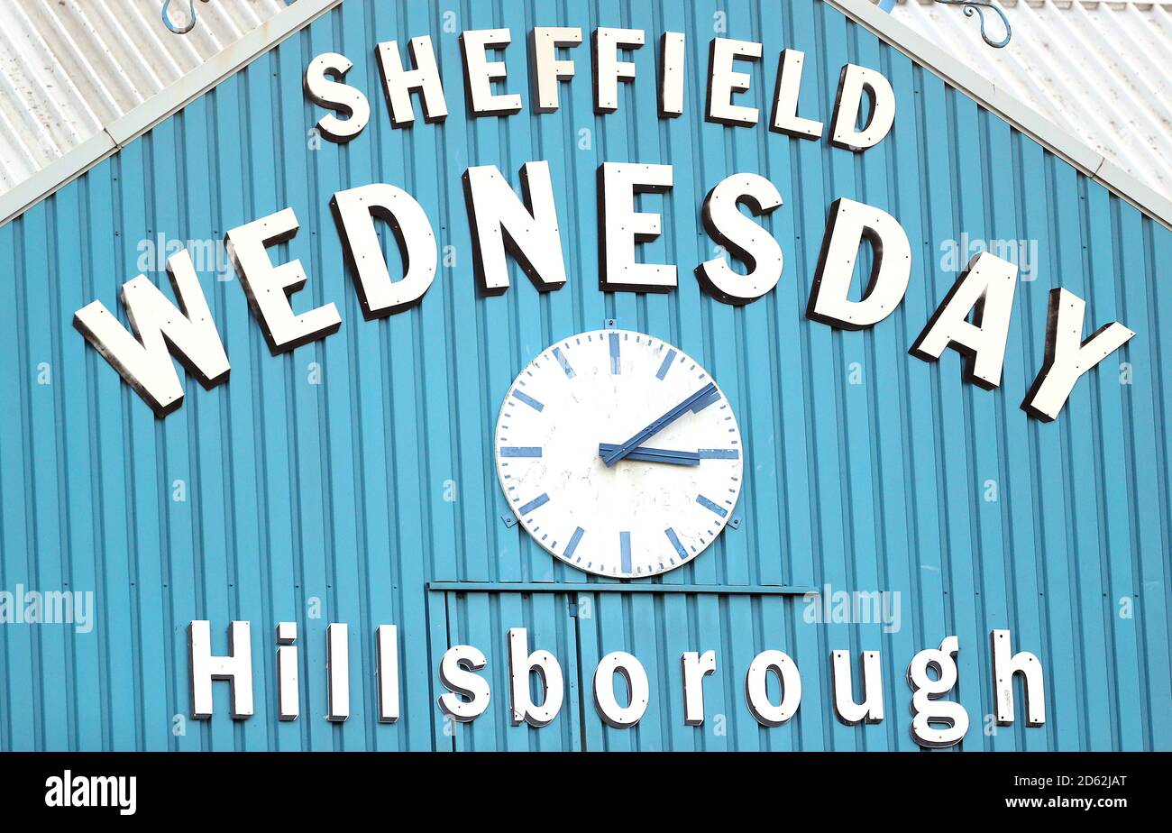 Close up of the Sheffield Wednesday Hillsborough signage and clock ...