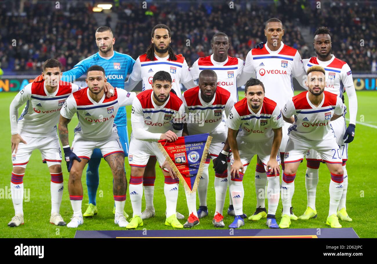 Lyon team group. Top row (left to right) Anthony Lopes, Jason Denayer ...