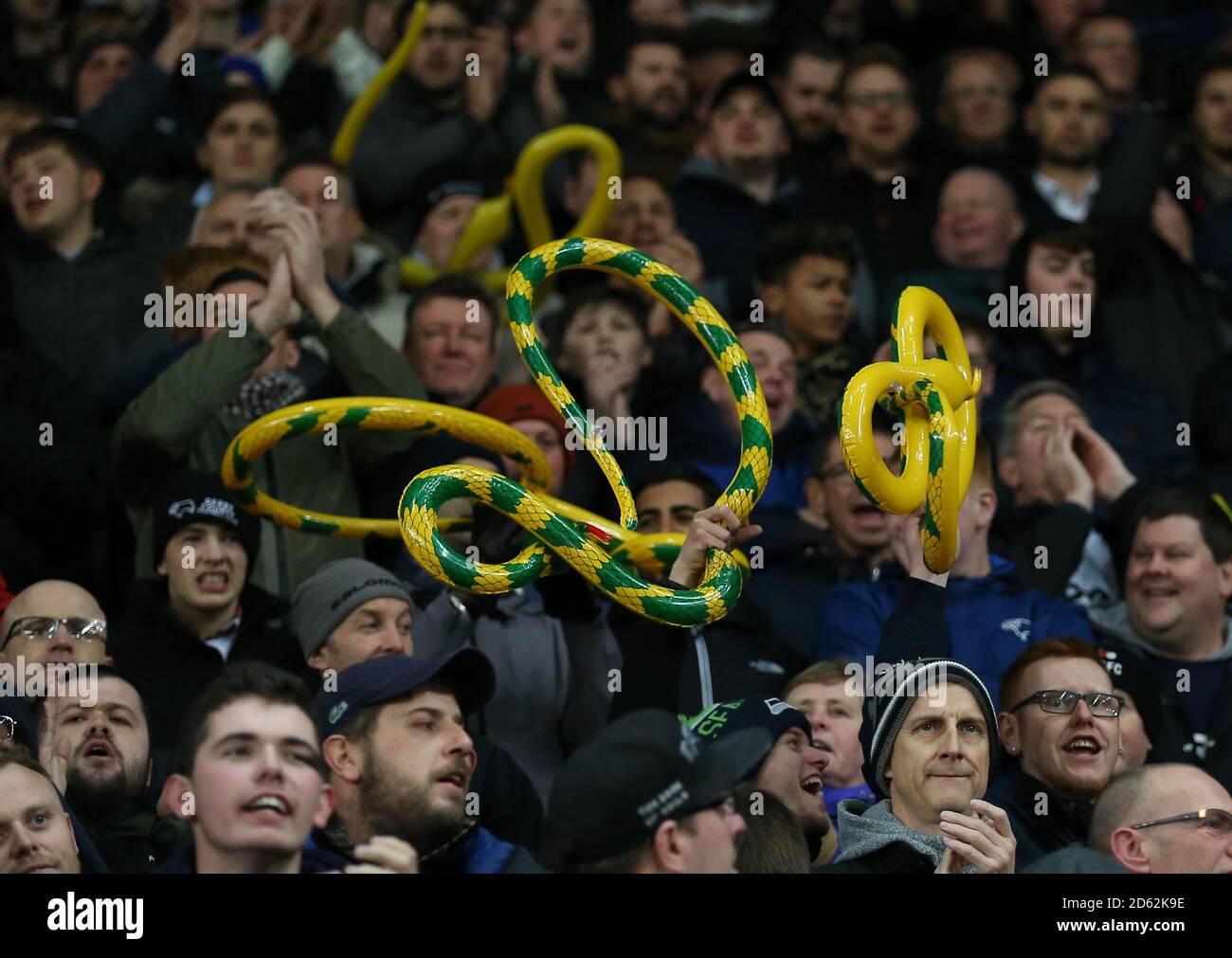 Derby County supporters with inflatable snakes Stock Photo - Alamy