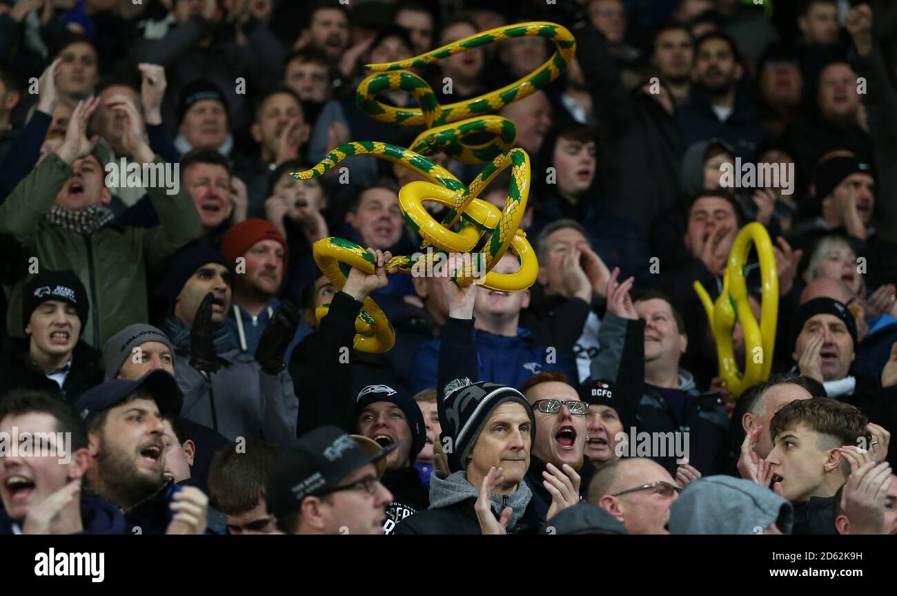 Derby County supporters with inflatable snakes Stock Photo - Alamy