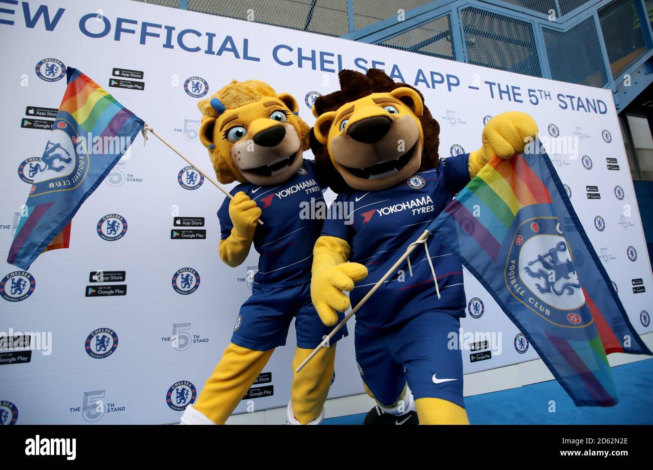 Chelsea Mascot's Stamford and Bridget wave rainbow flags as they pose ...