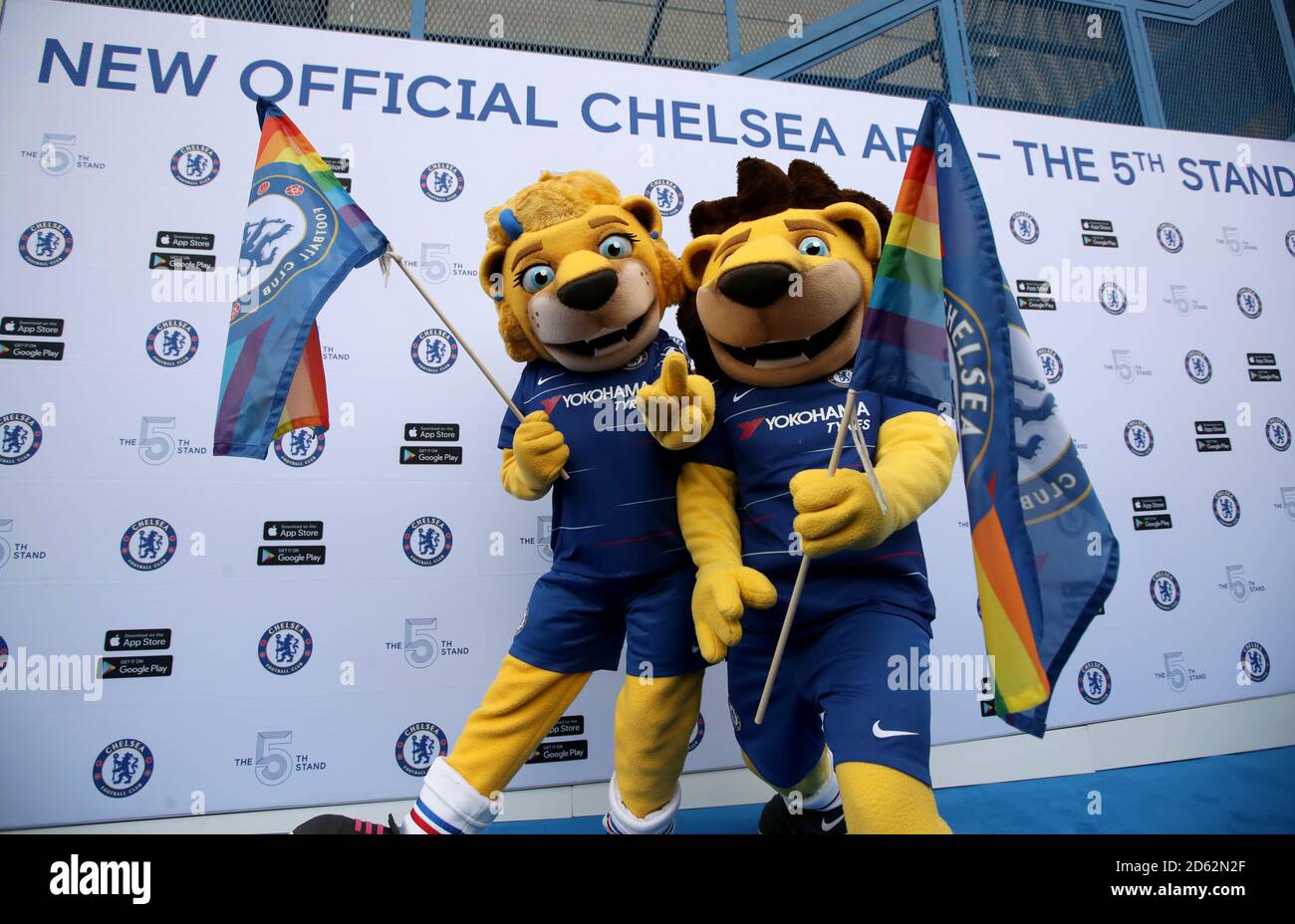 Chelsea Mascot's Stamford and Bridget wave rainbow flags as they pose ...