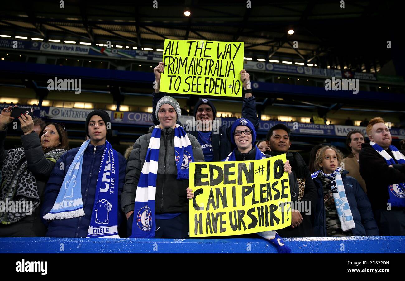 Chelsea fans in stands with banners that read 'All the way from ...