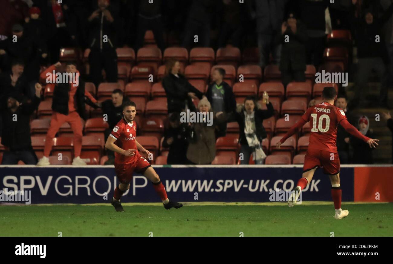 Walsall's Luke Leahy (left) celebrates scoring his side's first goal of ...