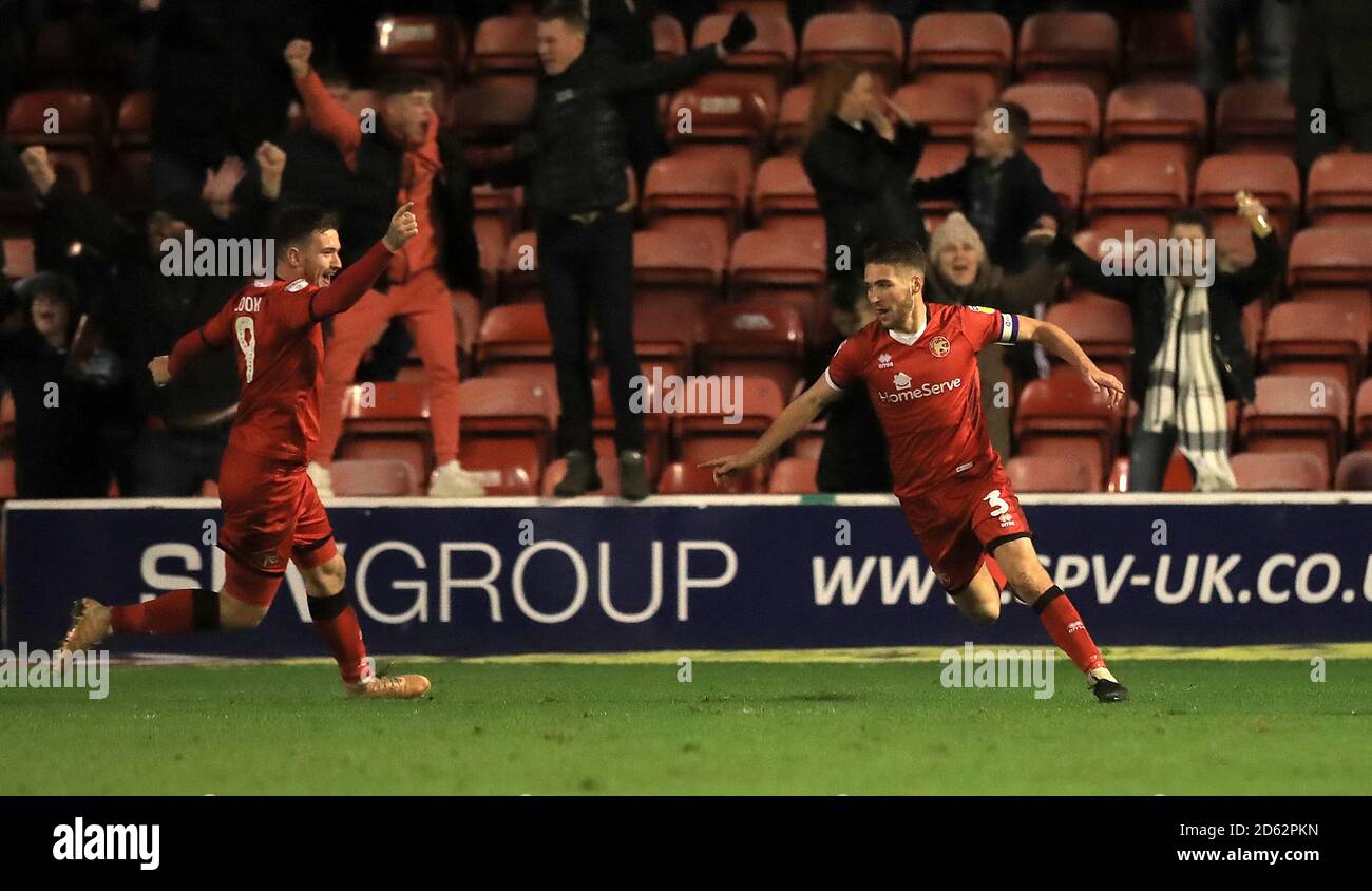 Walsall's Luke Leahy (right) celebrates scoring his side's first goal ...