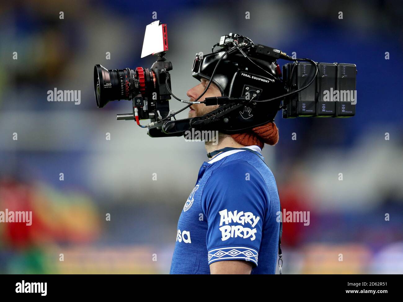 A person wears a camera set-up around their head on the pitch before ...