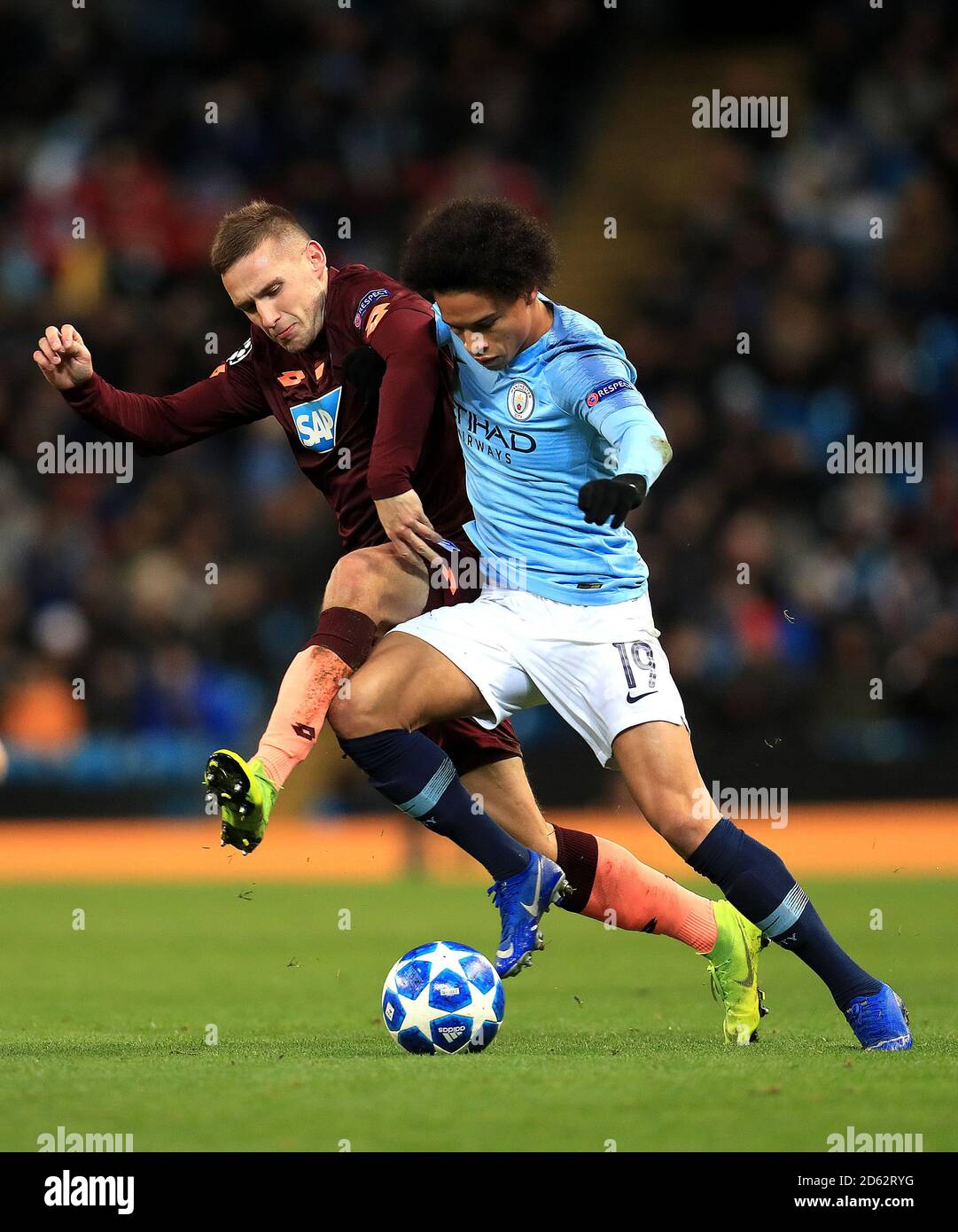 Hoffenheim's Pavel Kaderabek (left) and Manchester City's Leroy Sane ...