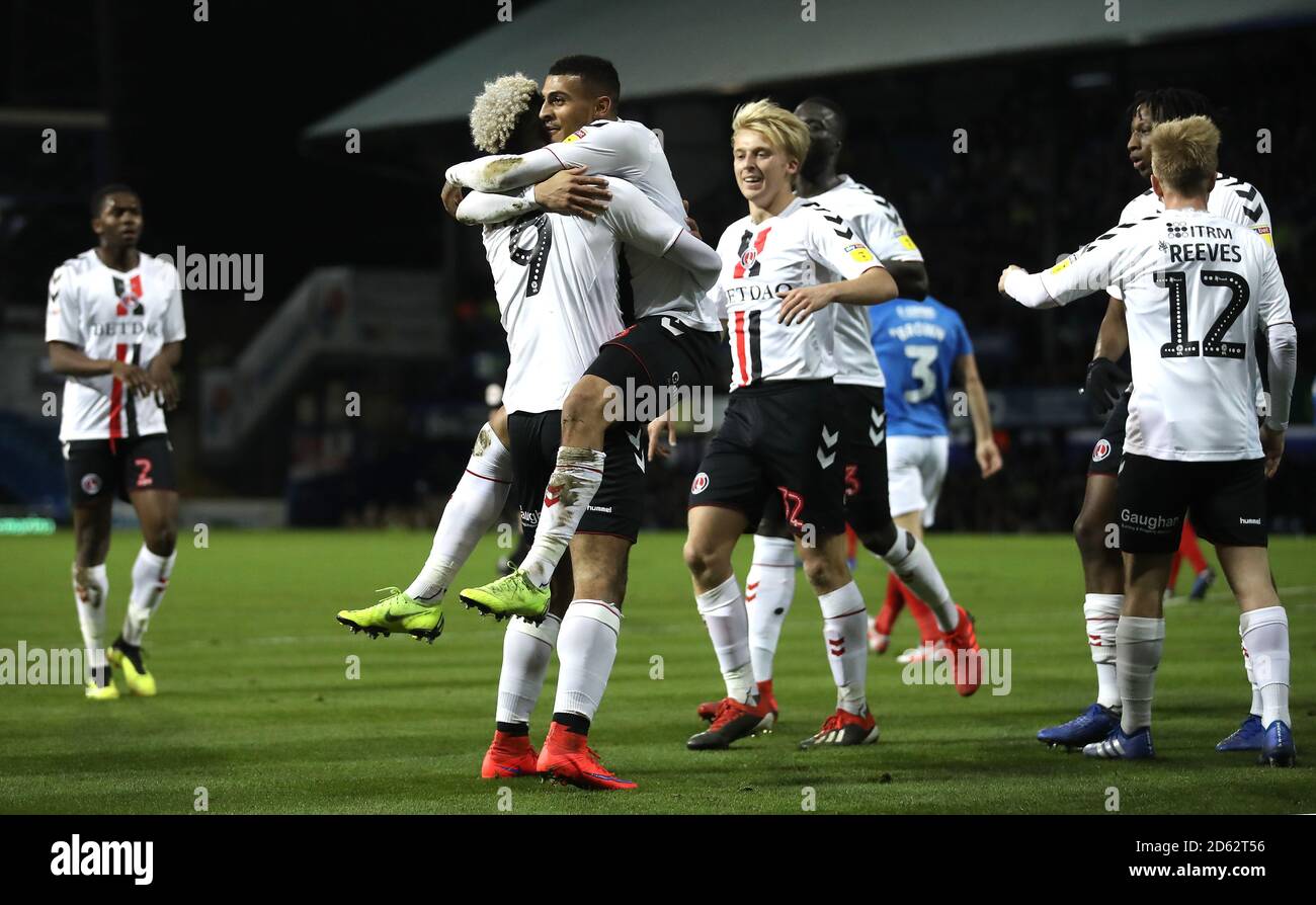 Charlton Athletic's Karlan Ahearne-Grant (left) celebrates scoring his ...
