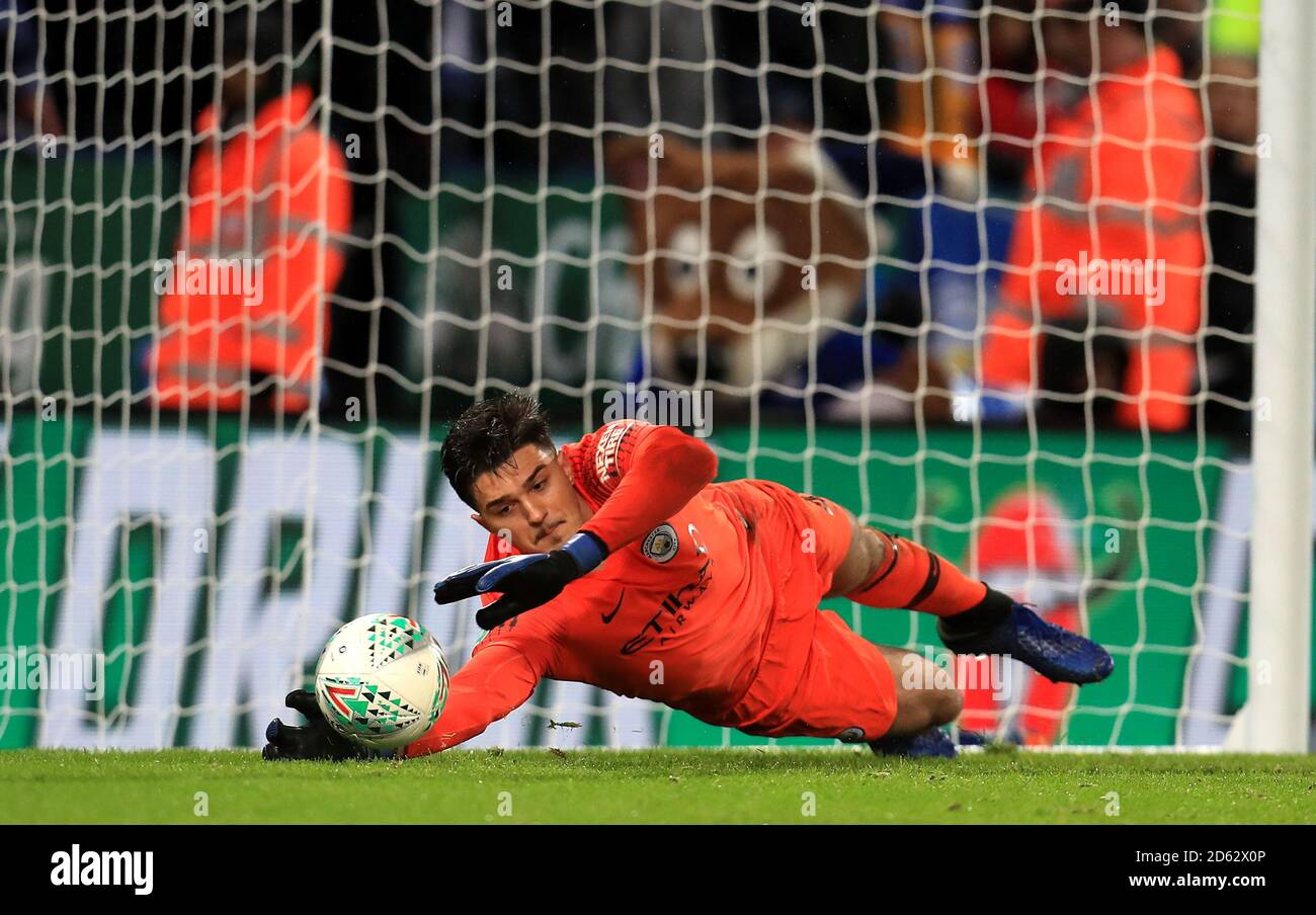 Manchester City goalkeeper Arijanet Muric saves a penalty from ...