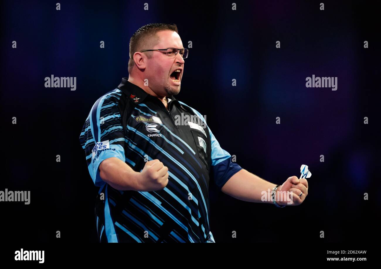 Alan Norris celebrates during his match against Steve Lennon during day ...