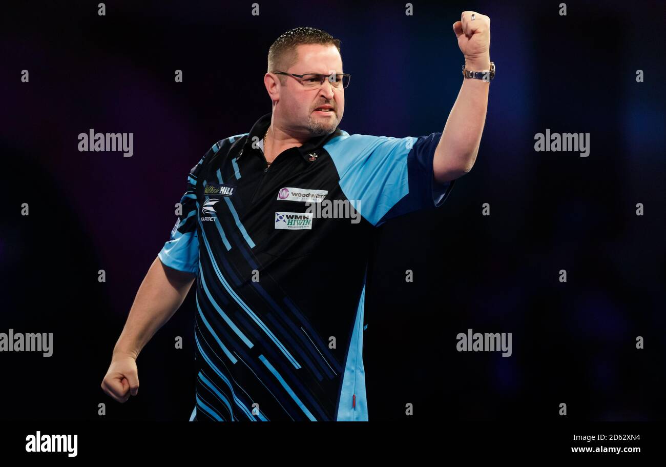 Alan Norris celebrates during his match against Ryan Joyce during day ...