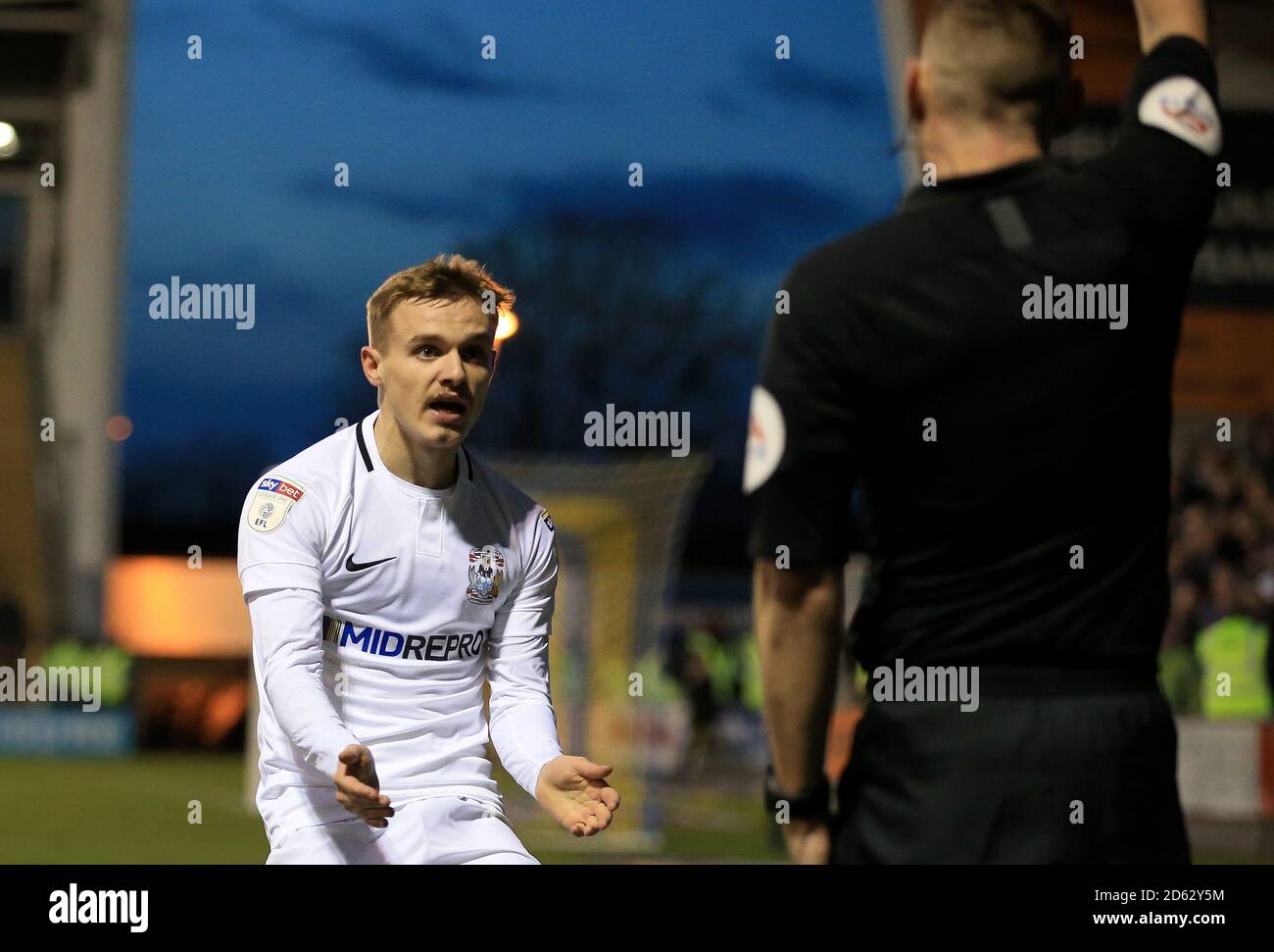 Coventry City's Luke Thomas questions an offside decision with the ...