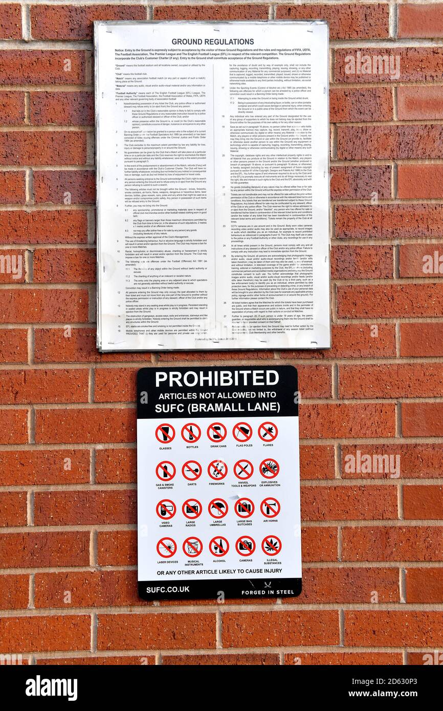 Ground regulations and a prohibited items sign at Bramall Lane Stock ...