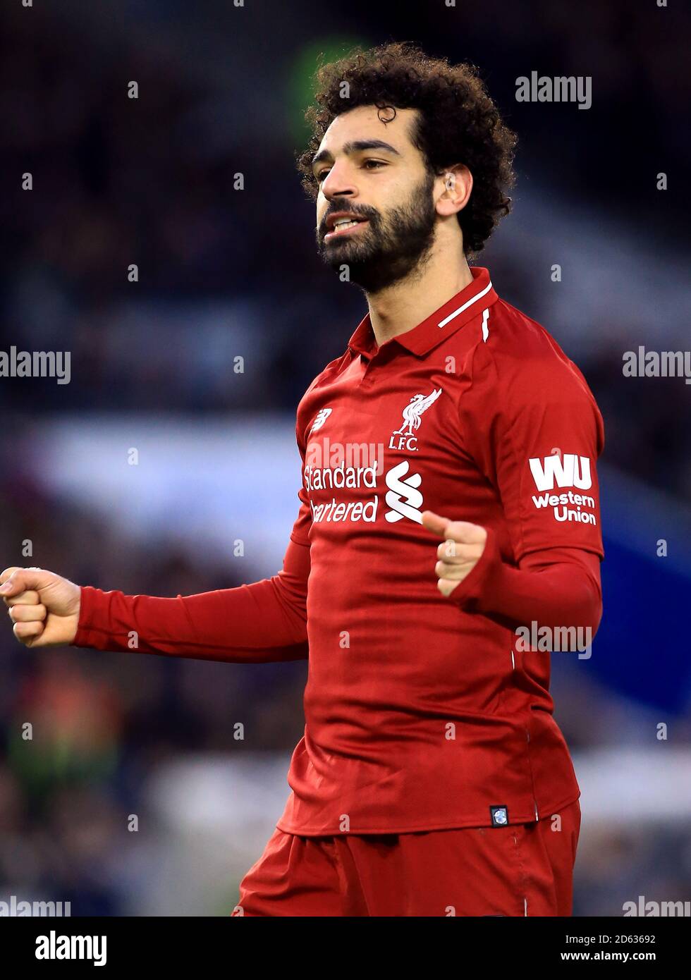 Liverpool's Mohamed Salah celebrates scoring his side's first goal of ...