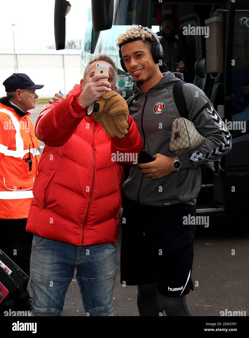 Charlton Athletic's Lyle Taylor poses for a selfie with a fan Stock ...
