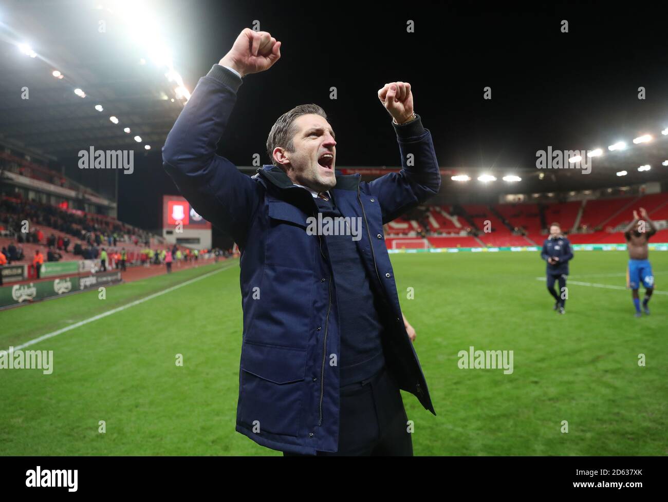 Shrewsbury Town's manager Sam Ricketts celebrates at the final whistle ...