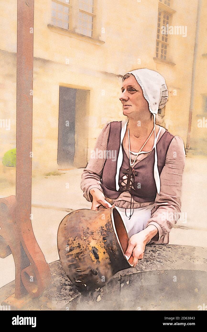 Woman in historic outfit working at an old water well of a French ...