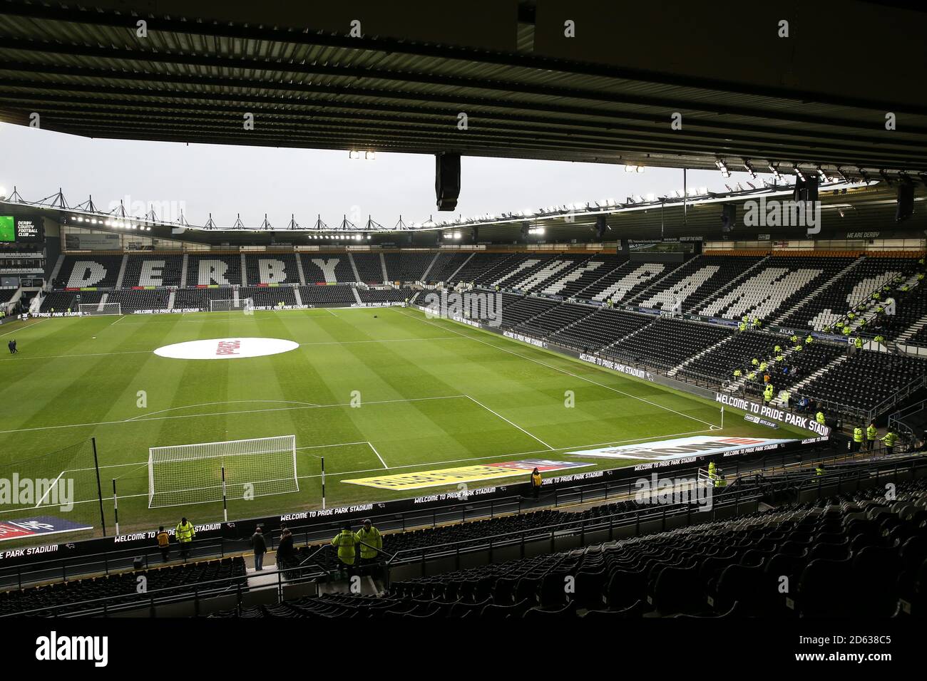 The stands are ready for the first Derby County fans before the match ...