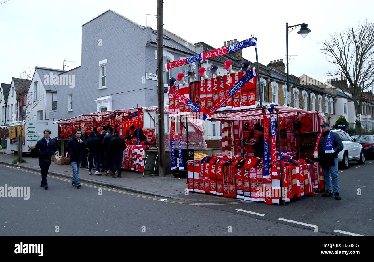 A general view of street vendors selling match related merchandise ...