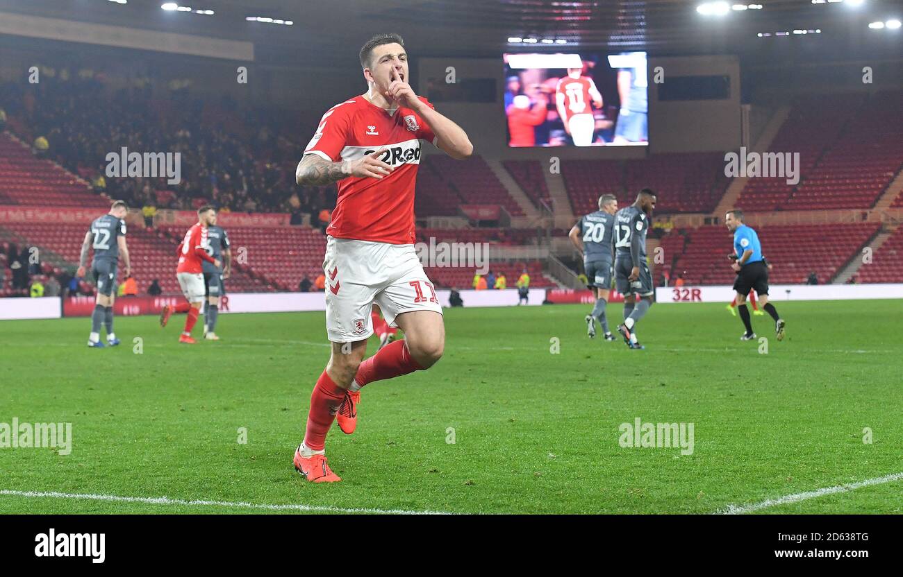 Middlesbrough's Jordan Hugill celebrates scoring his penalty that ...