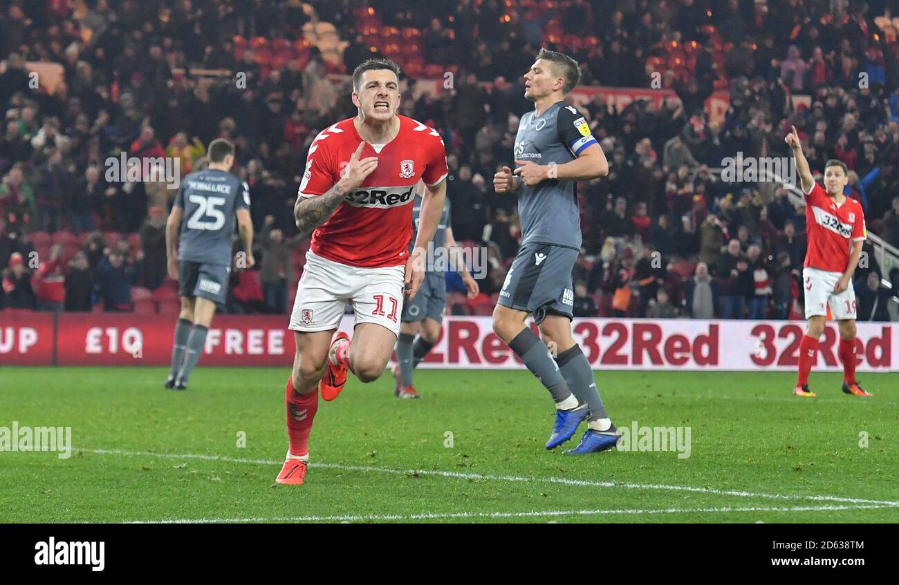 Middlesbrough's Jordan Hugill celebrates scoring his penalty that ...