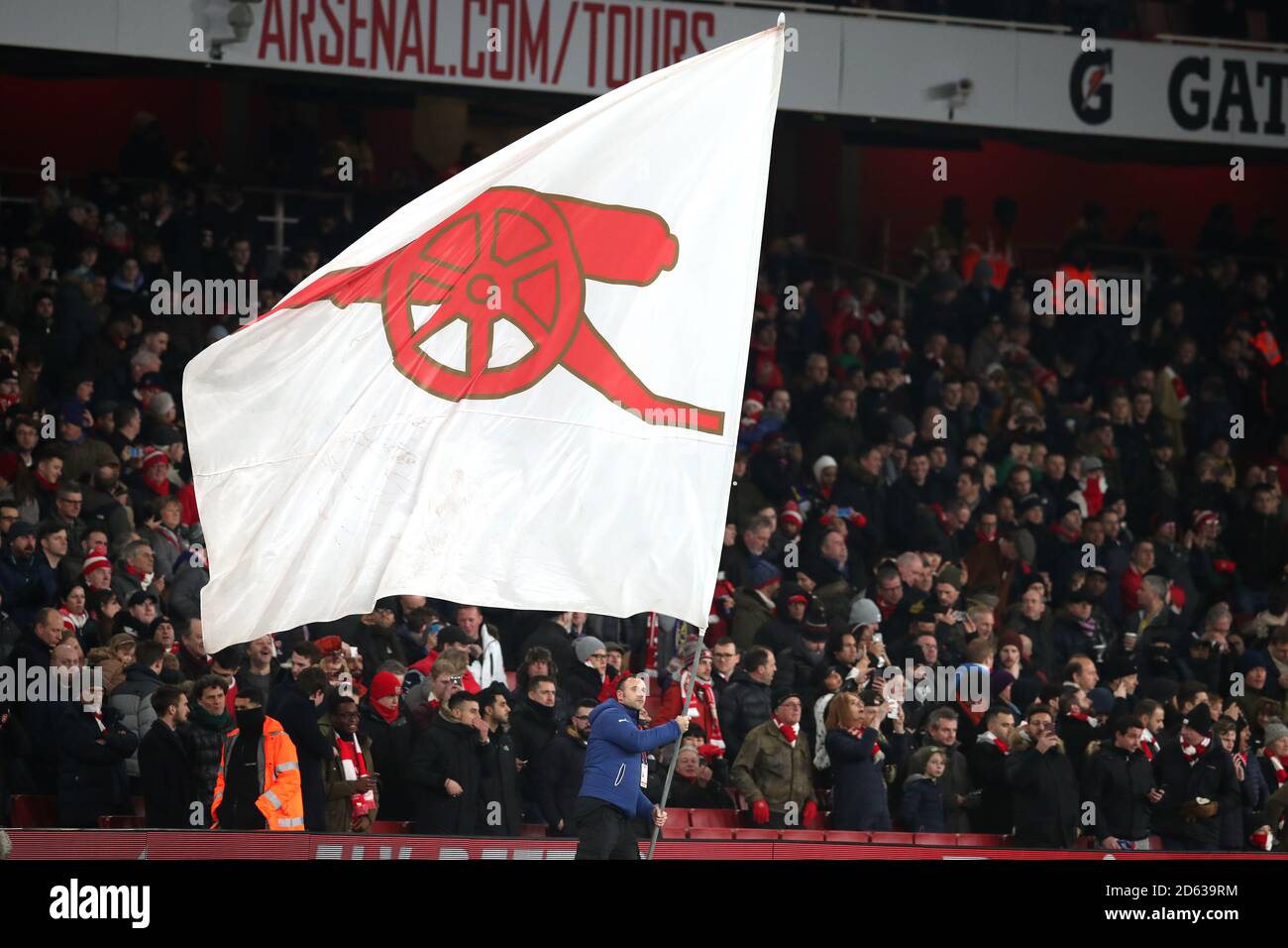 A general view of an Arsenal flag being waved on the pitch prior to the ...