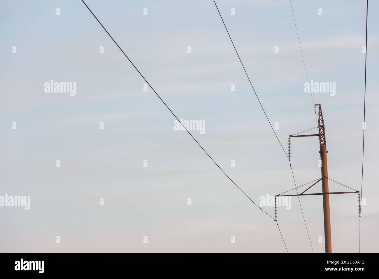 Closer look of the electric post with the big wires on it. Post with ...