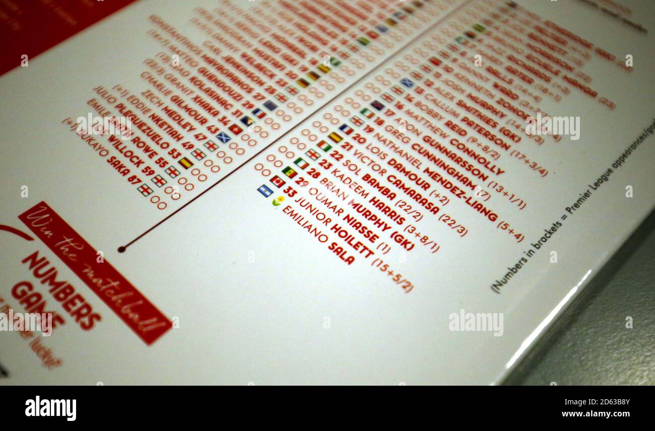 General view of Arsenal program with Emiliano Sala name at the bottom ...