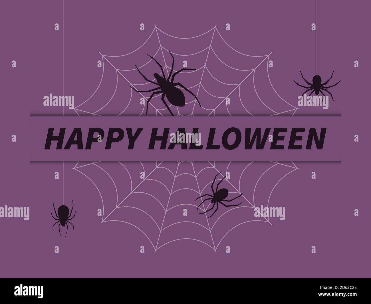 Happy Halloween. Text banner with spiders hanging on a web isolated on ...