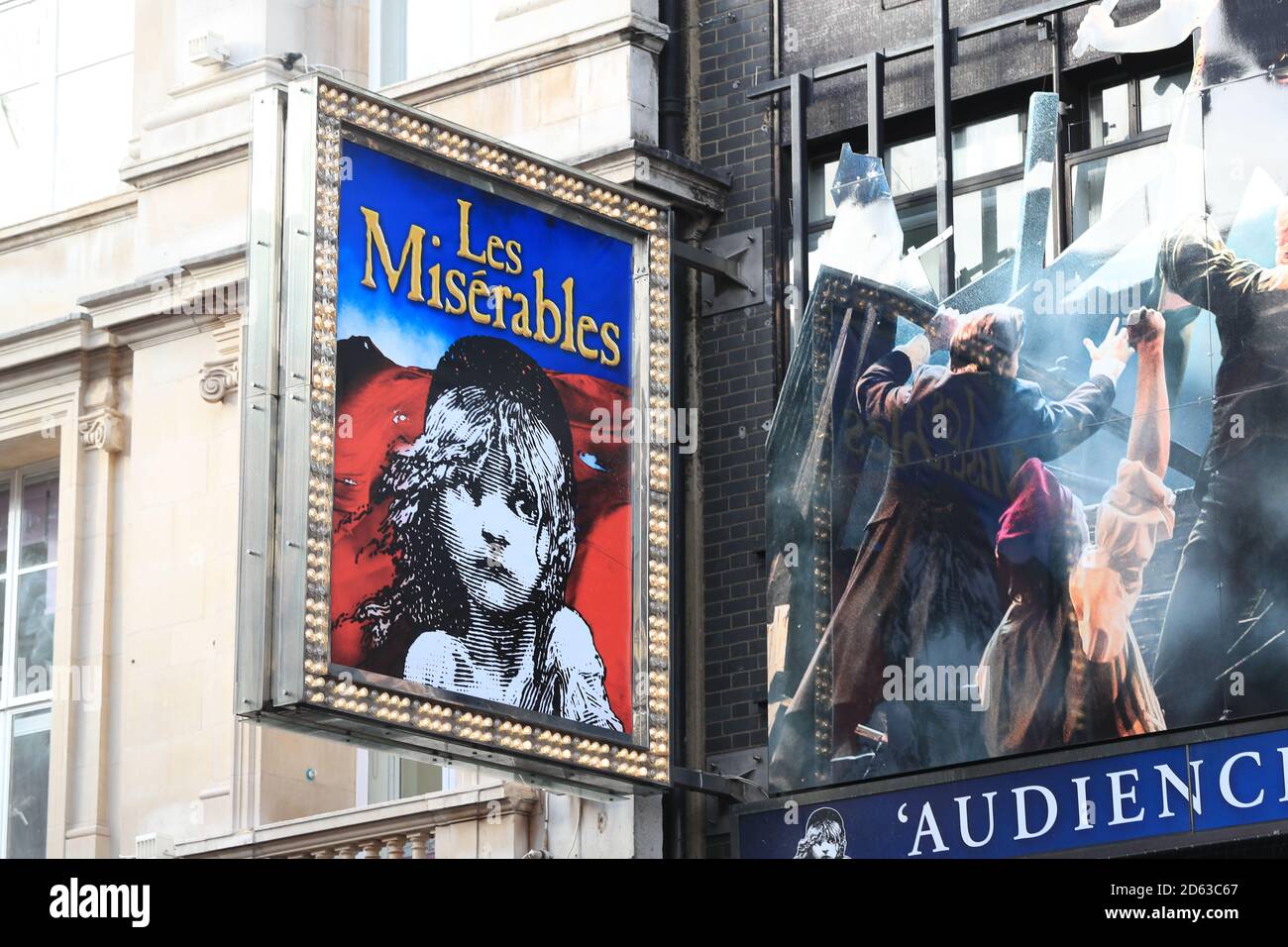 A sign for Les Miserables The Musical at the Queen's Theatre, London ...