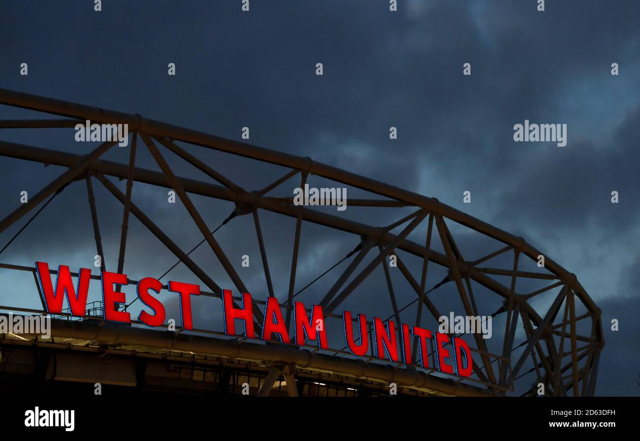 A general view of the West Ham United sign at the London Stadium Stock ...