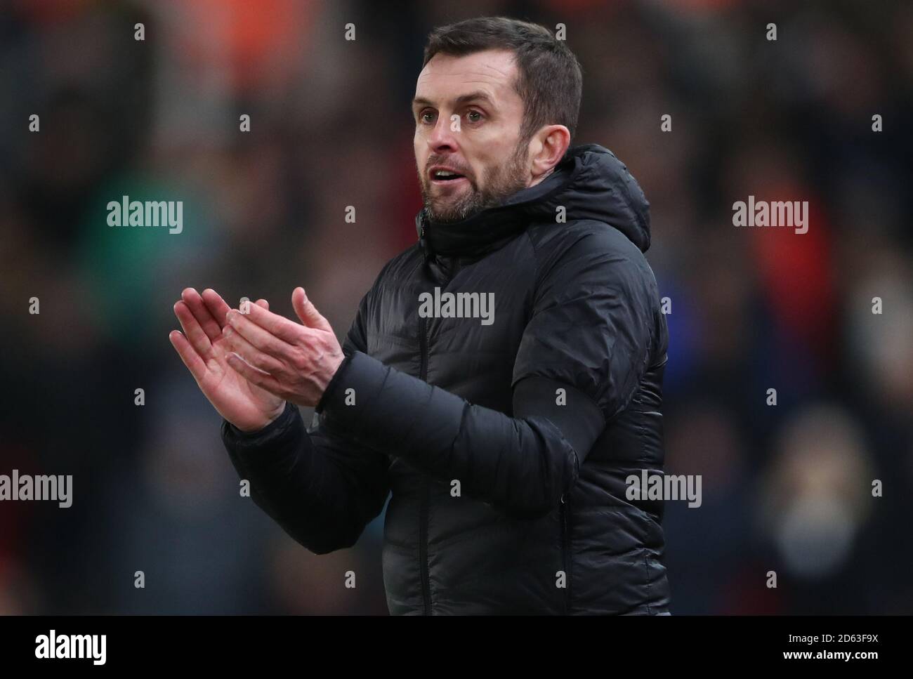 Stoke City manager Nathan Jones gestures on the touchline Stock Photo ...