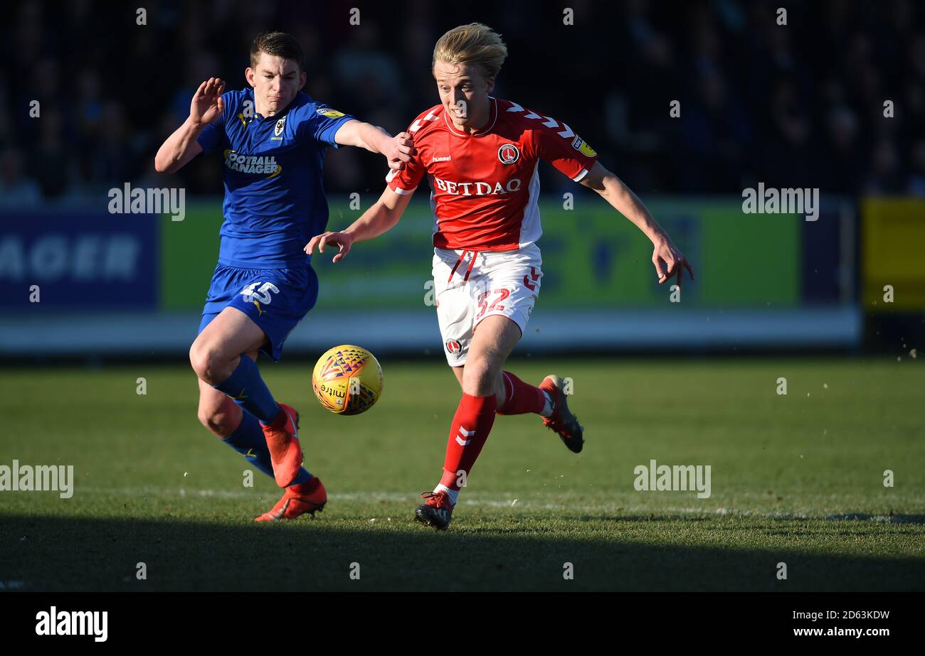 Charlton Athletic's George Lapslie (right) and AFC Wimbledon's Steven ...