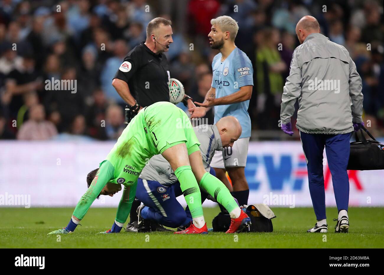 Chelsea goalkeeper Kepa Arrizabalaga receives medical attention Stock ...